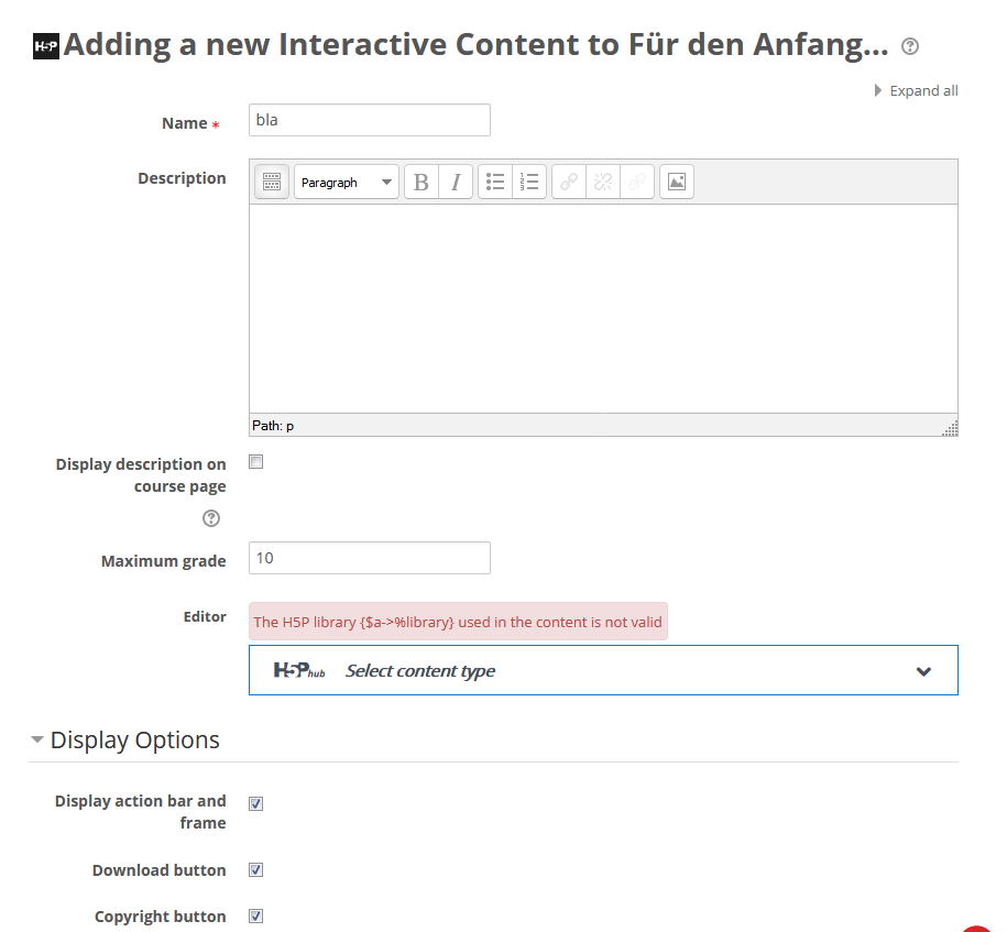 Error Message When uploading to Moodle The H5P library {$a->%library} used in the content is not ...